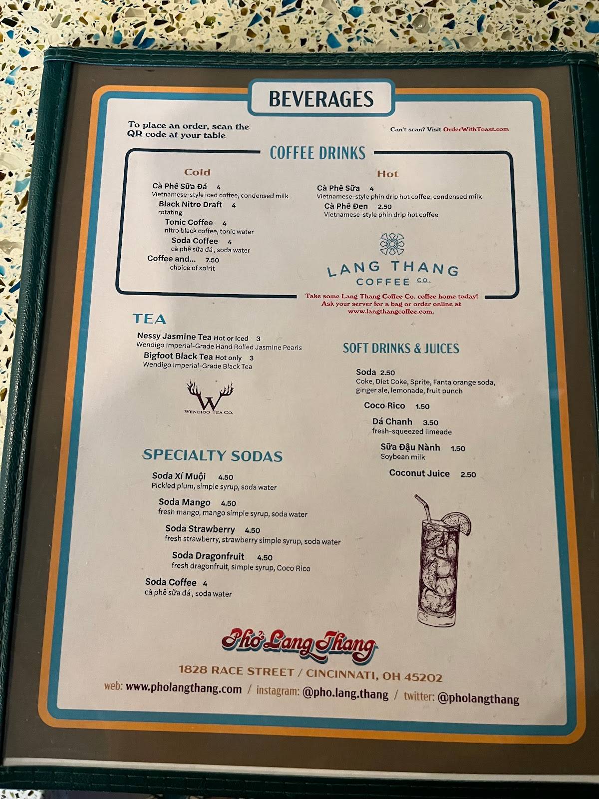 Menu at Pho Lang Thang restaurant, Cincinnati