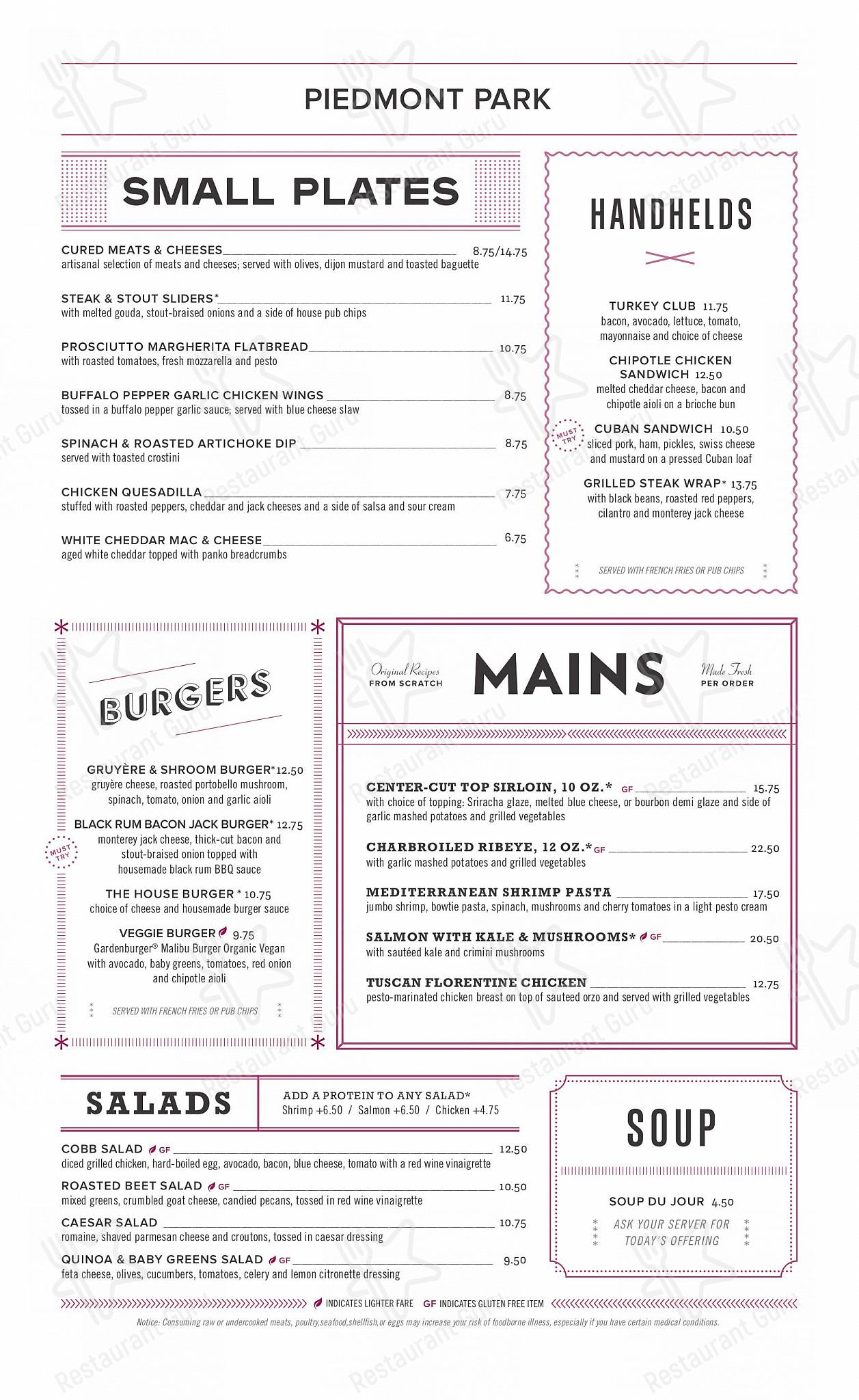 Menu at Piedmont Park restaurant, Hickory