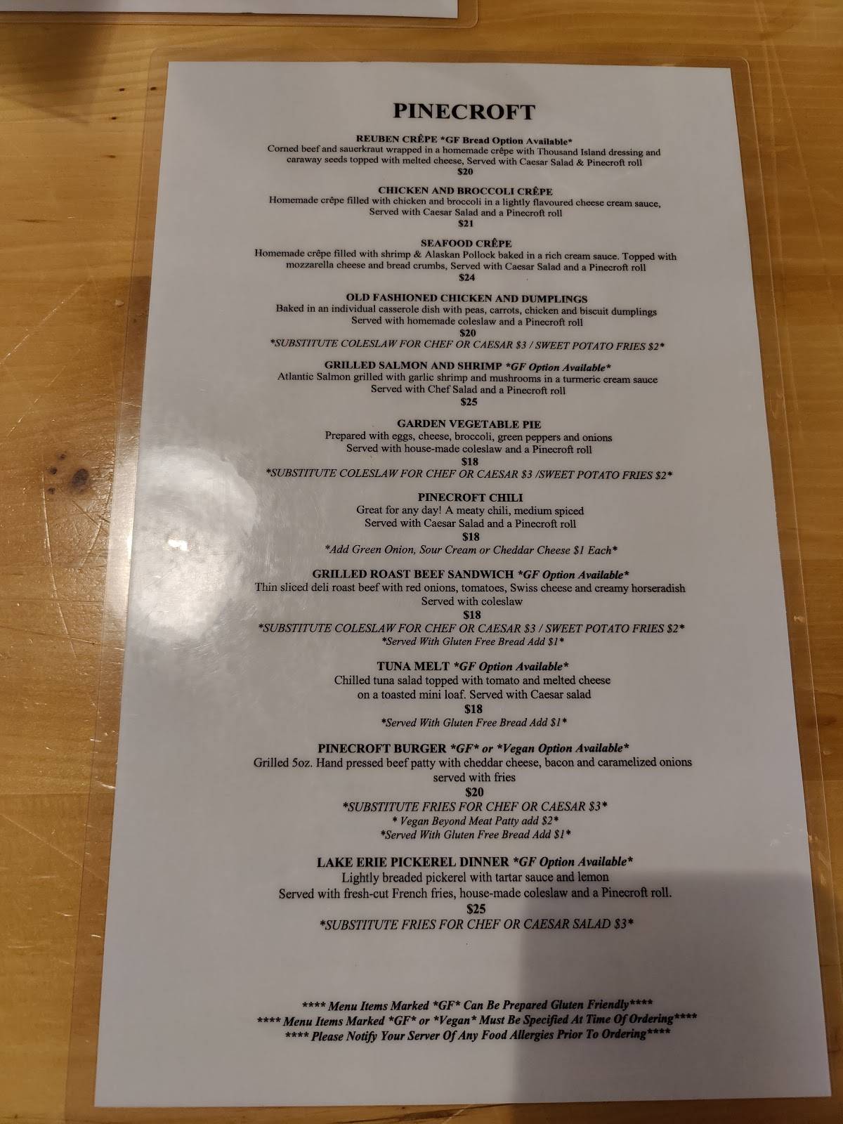 Menu at Pinecroft restaurant, Aylmer, Rogers Rd