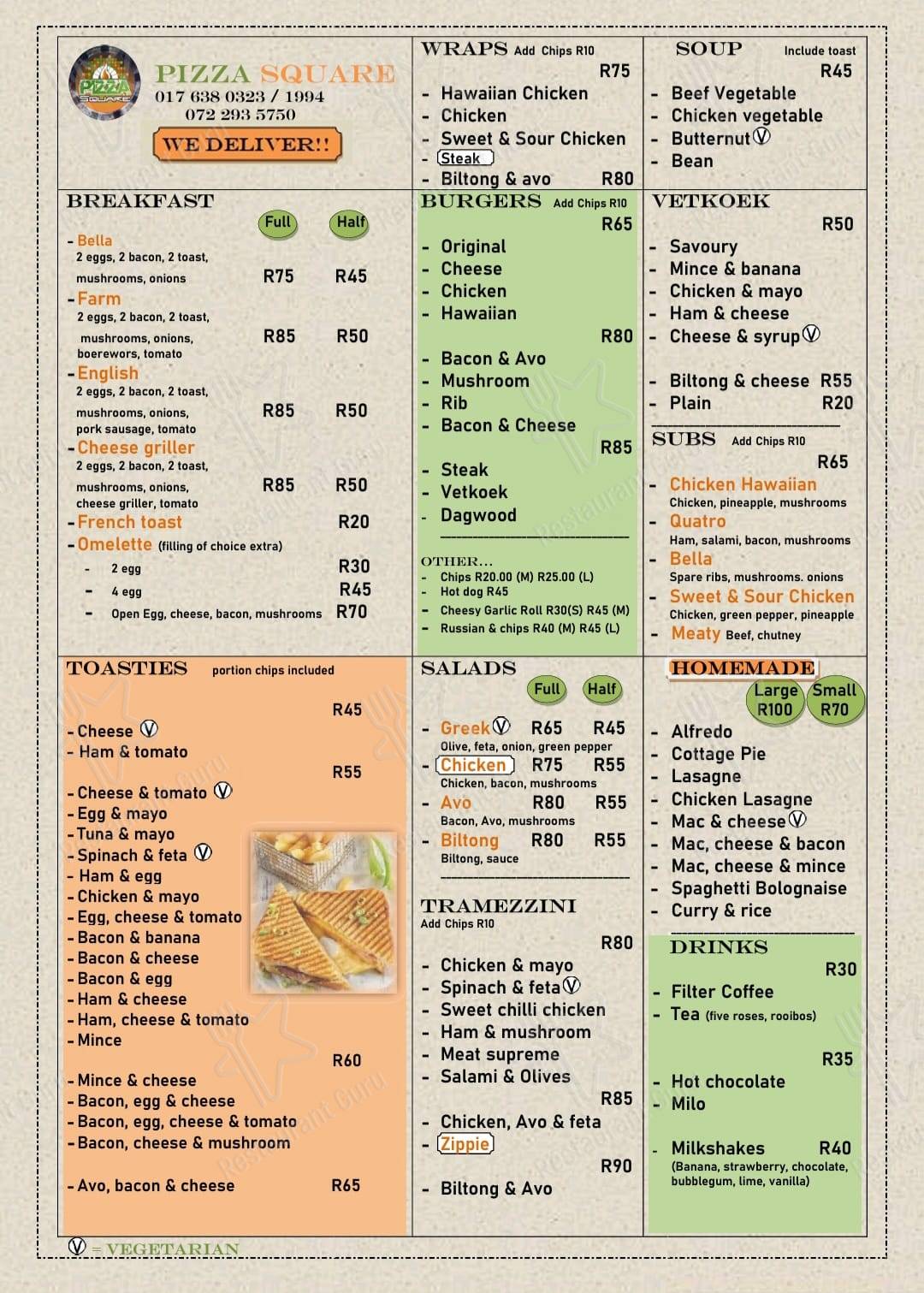 Menu at Pizza Square restaurant, Trichardt