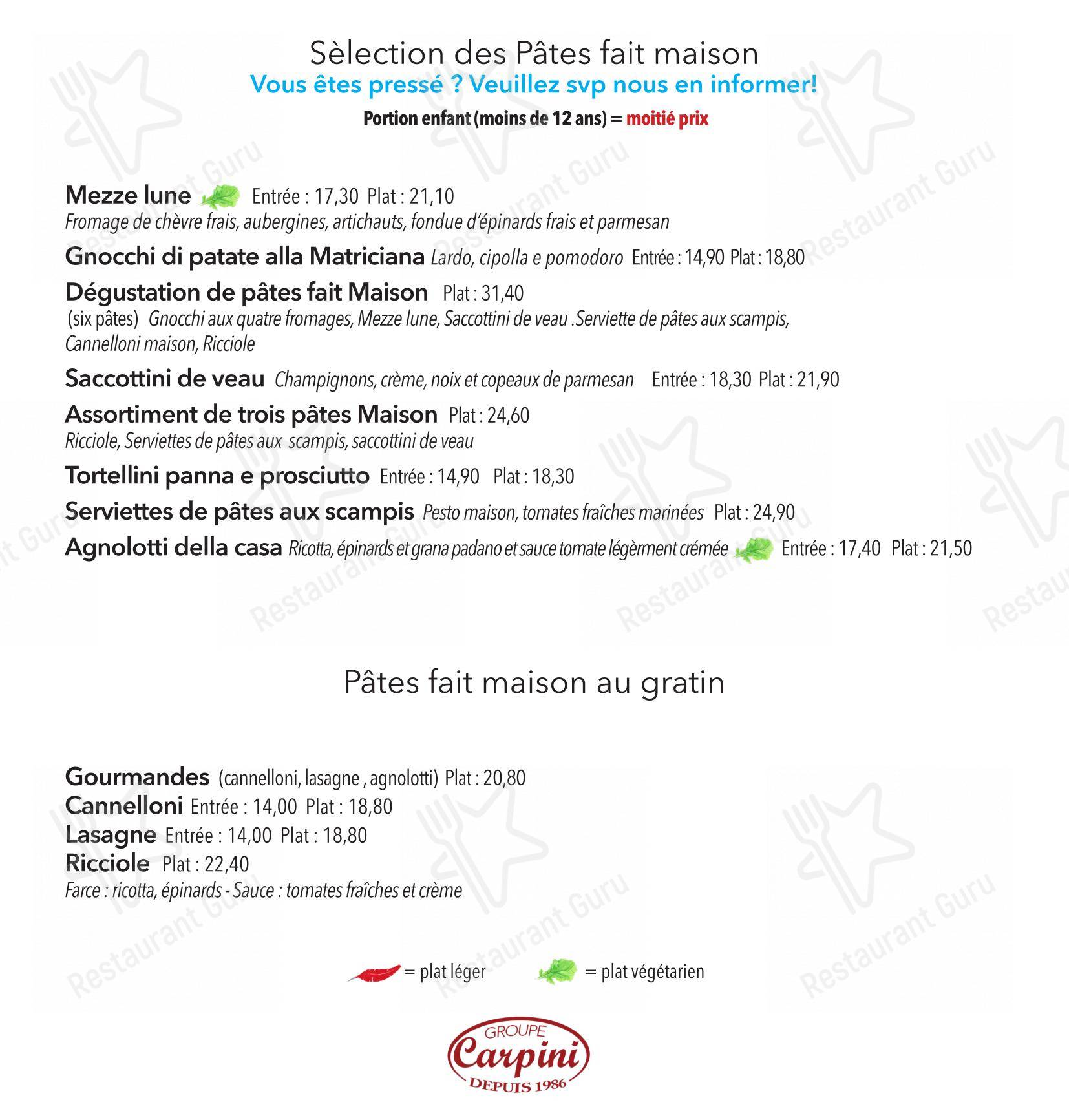 Menu au Restaurant-Pizzeria Carpini Sàrl, Esch-sur-Alzette