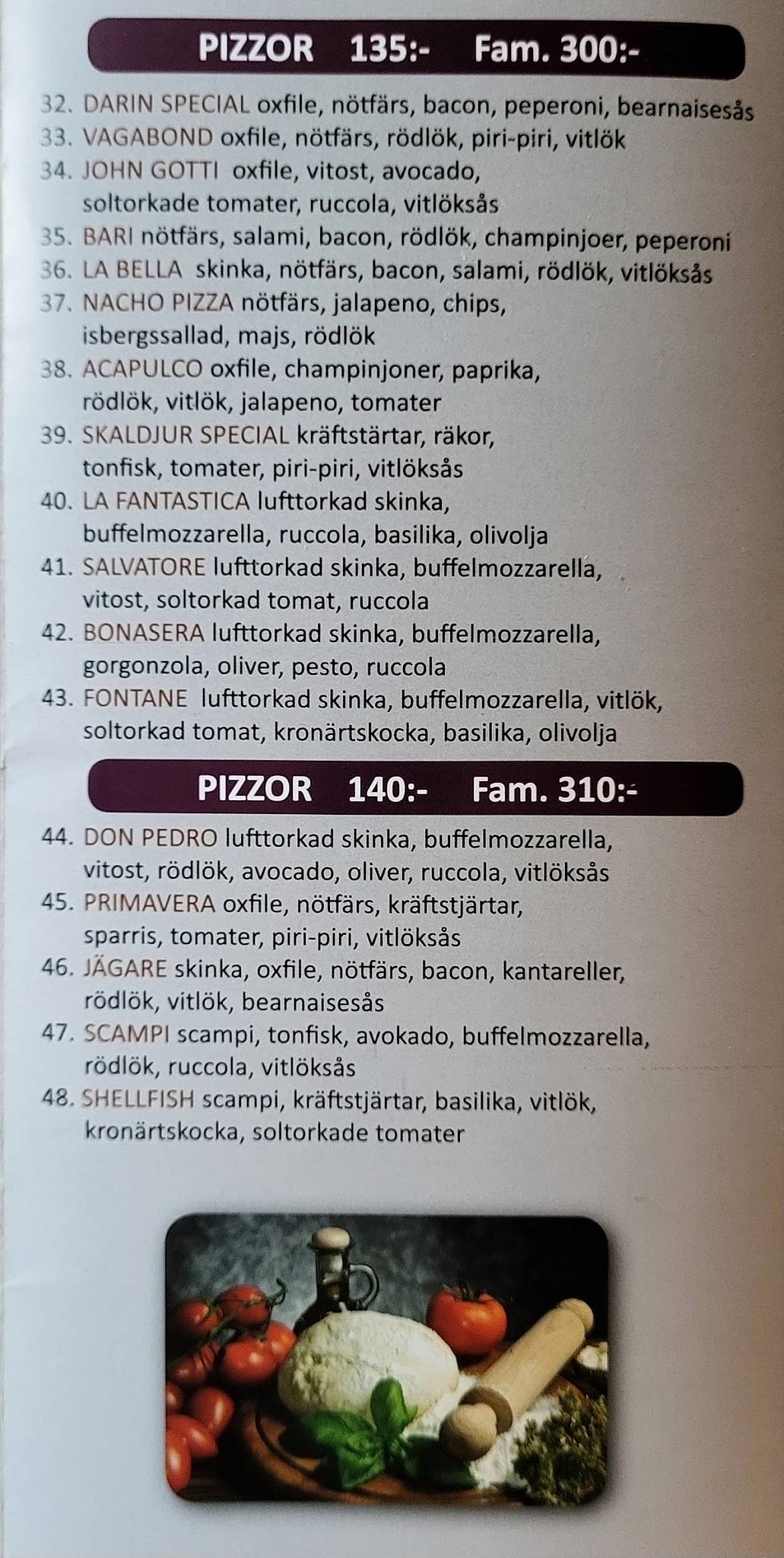 Menu at Pizzeria Ferrari, Mölnlycke