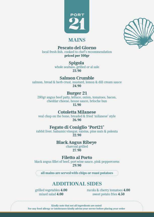 Menu at Port 21 Restaurant, Ta' Xbiex