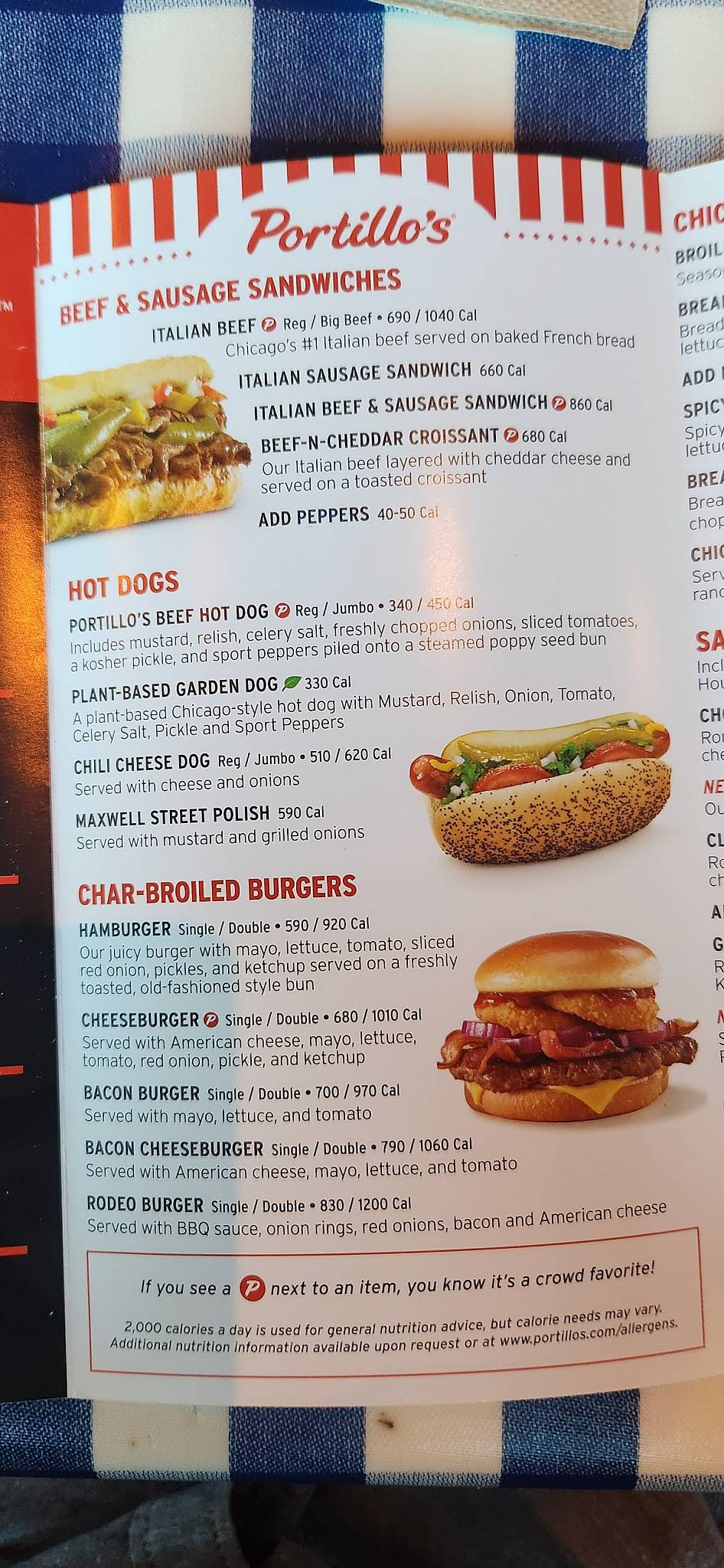 Menu at Portillo's Elgin restaurant, Elgin