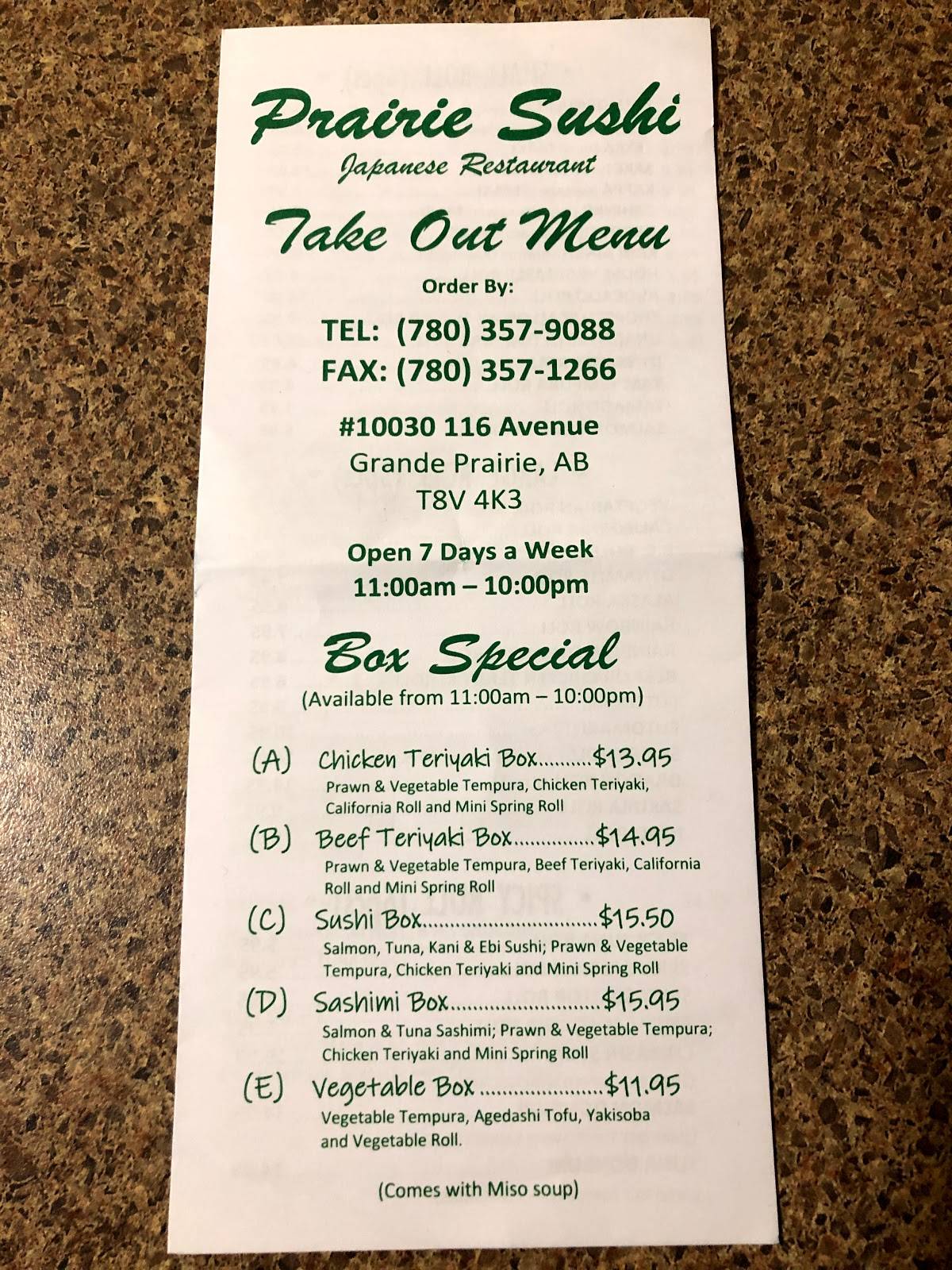 Menu at Prairie Sushi Restaurant, Grande Prairie