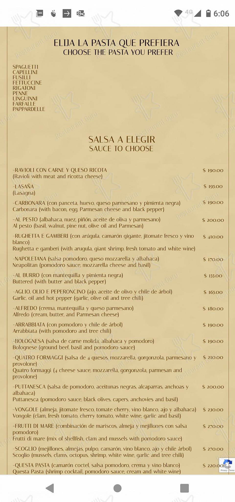 Carta del restaurante Questa Pasta, Acapulco