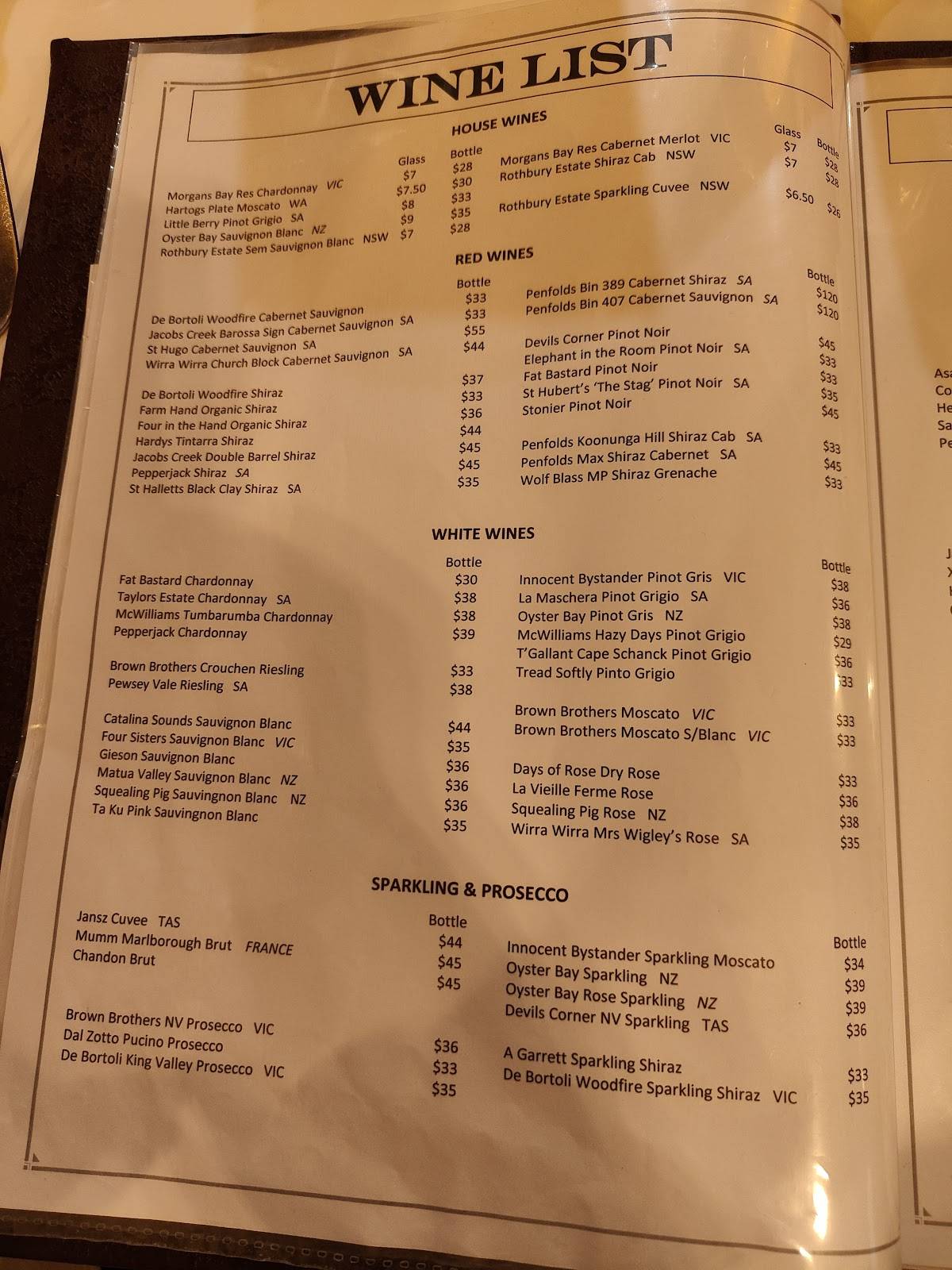 Menu at Racecourse Hotel Werribee restaurant, Werribee