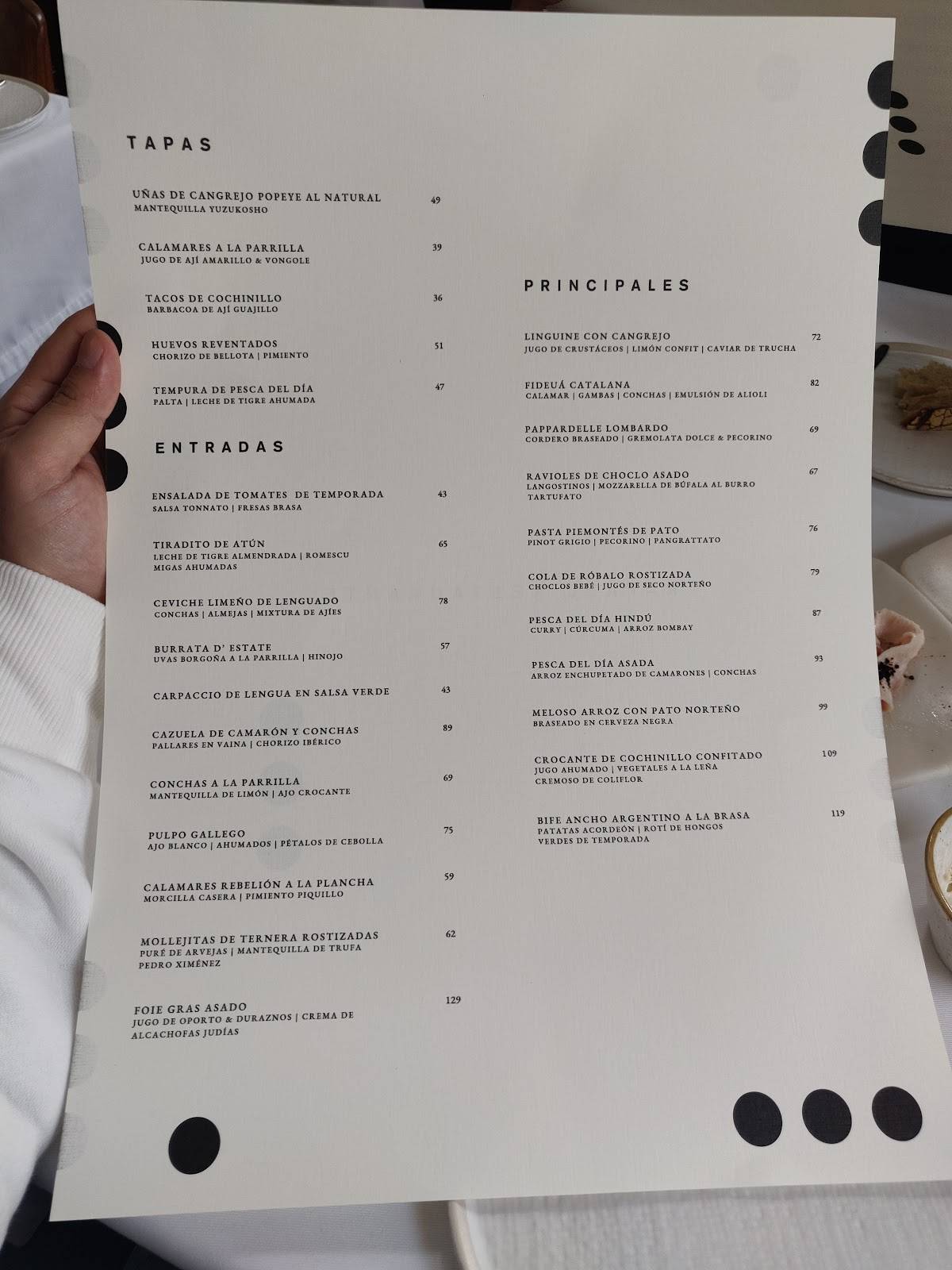 Menu at Rafael restaurant, Miraflores, Ca. San Martín 300