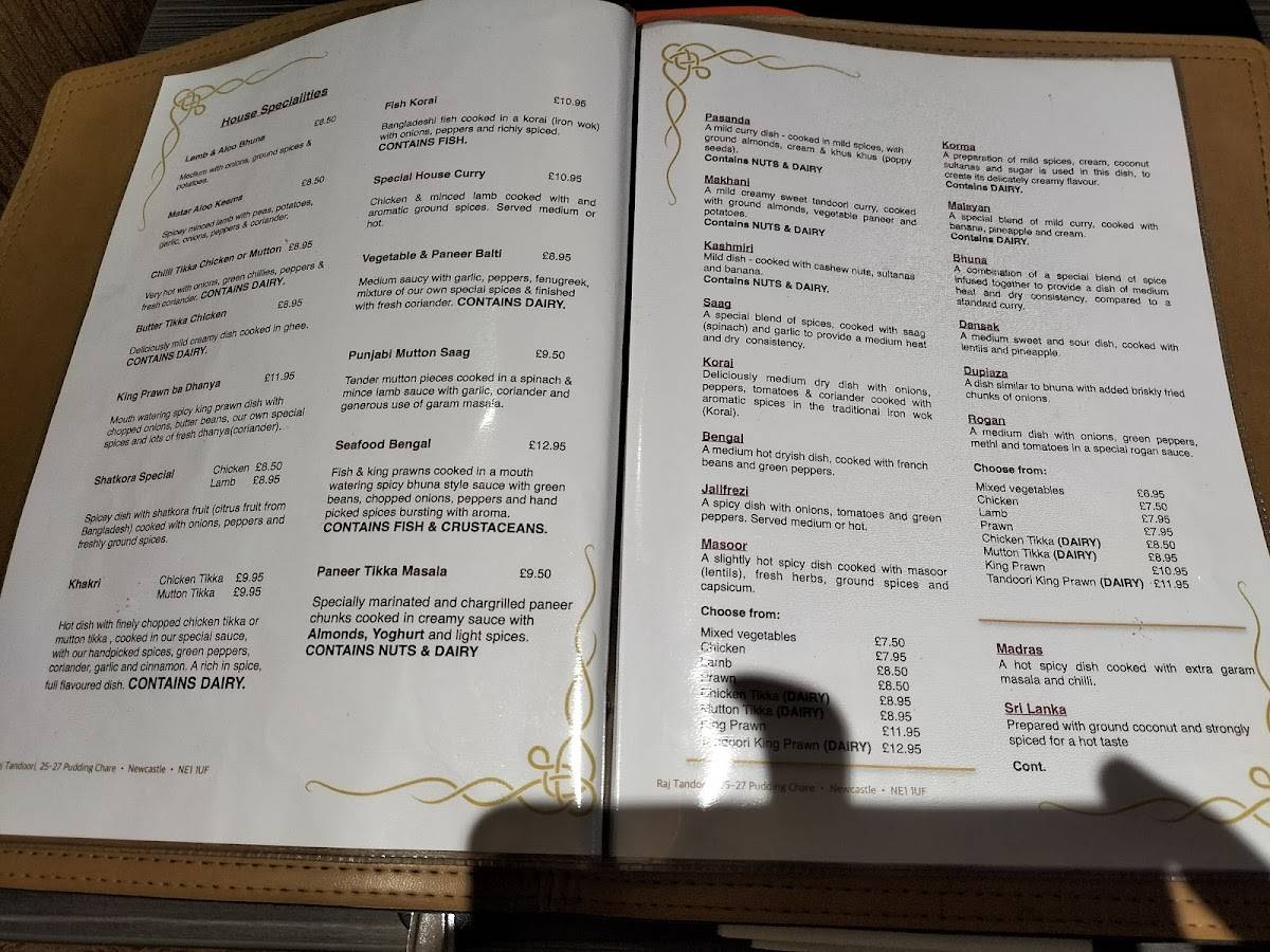 Menu at Raj Tandoori restaurant, Newcastle upon Tyne
