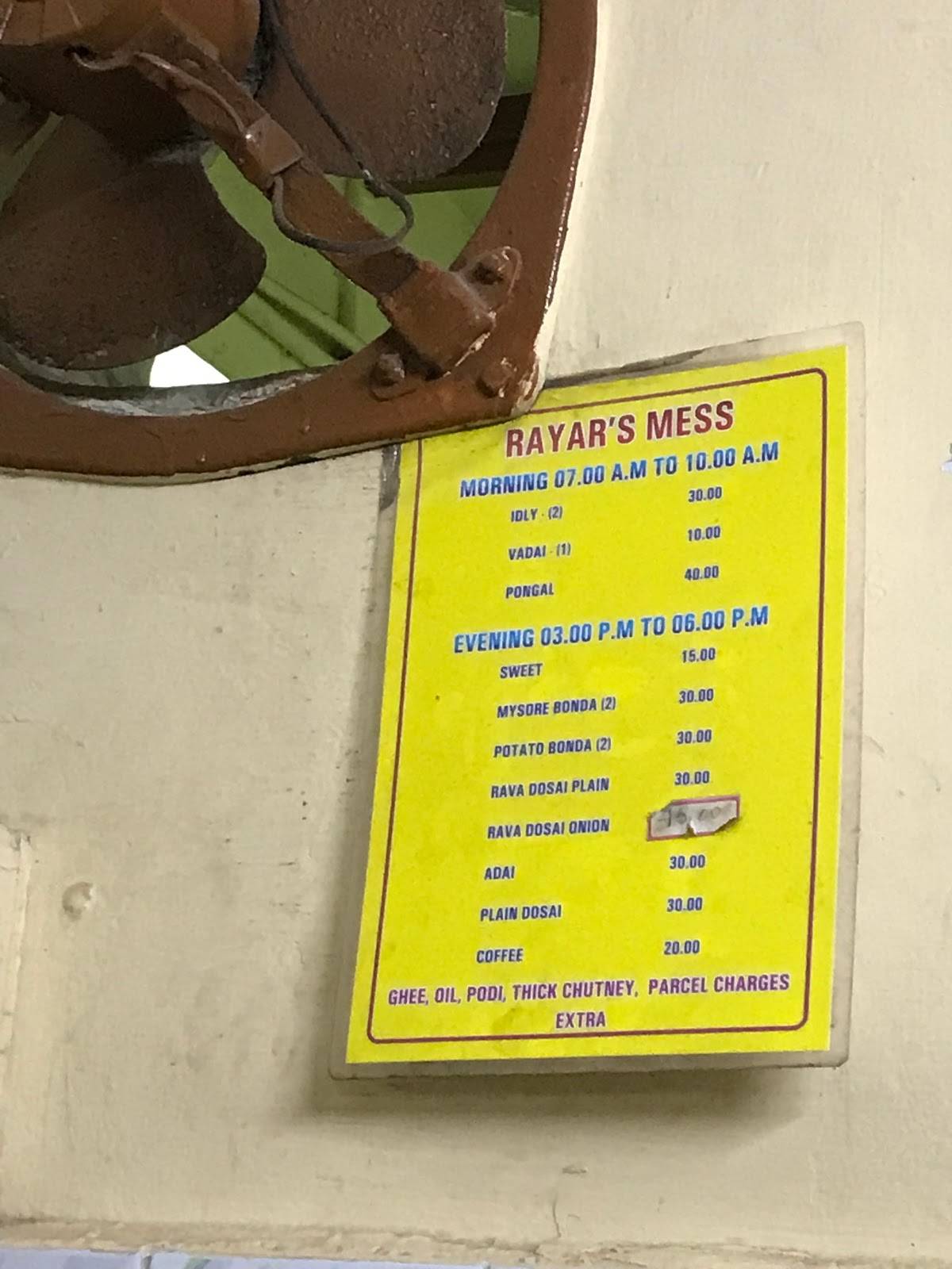 Menu at Rayar's mess, Chennai