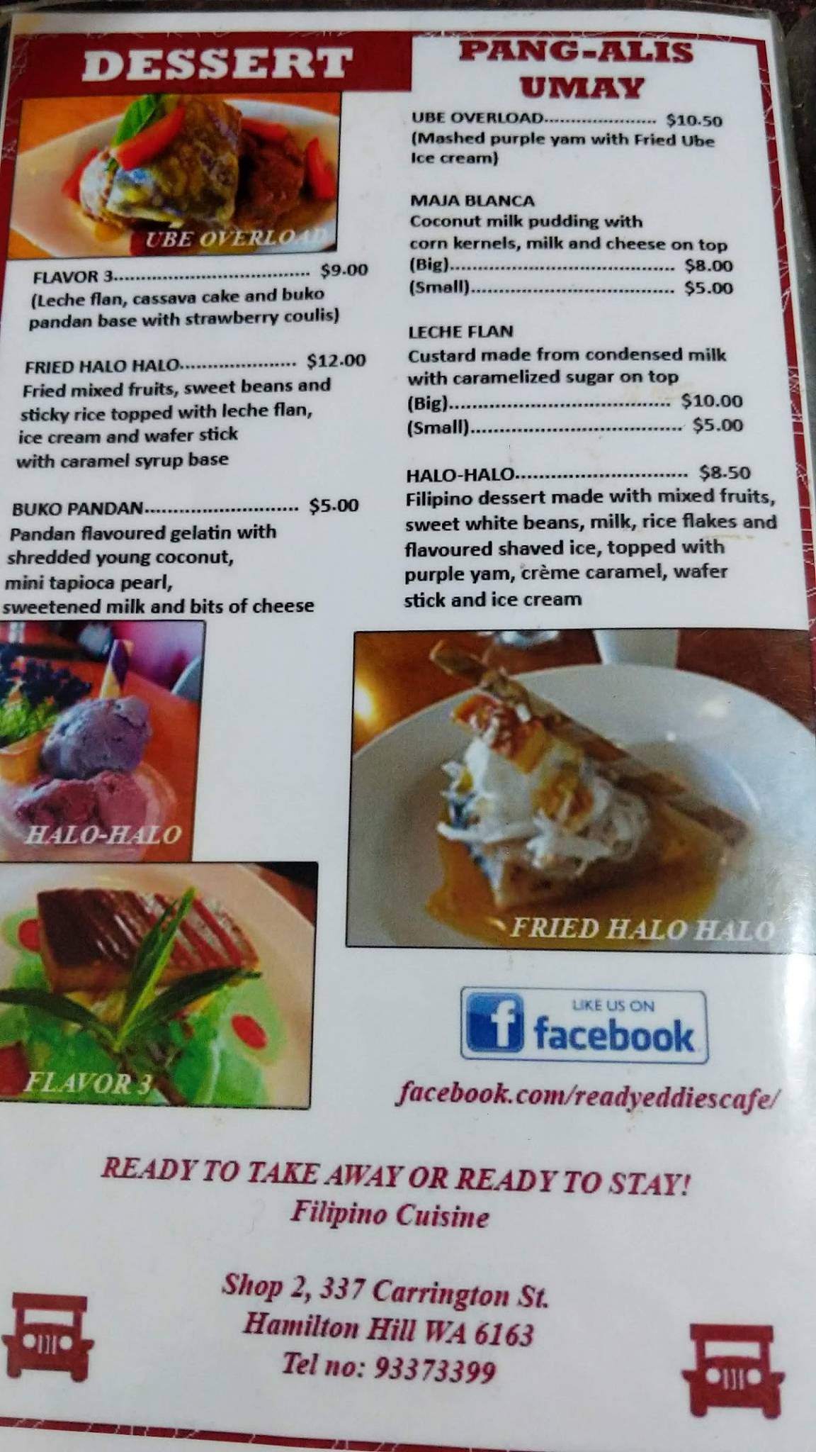 Menu at Ready Eddies Cafe, Cockburn Central