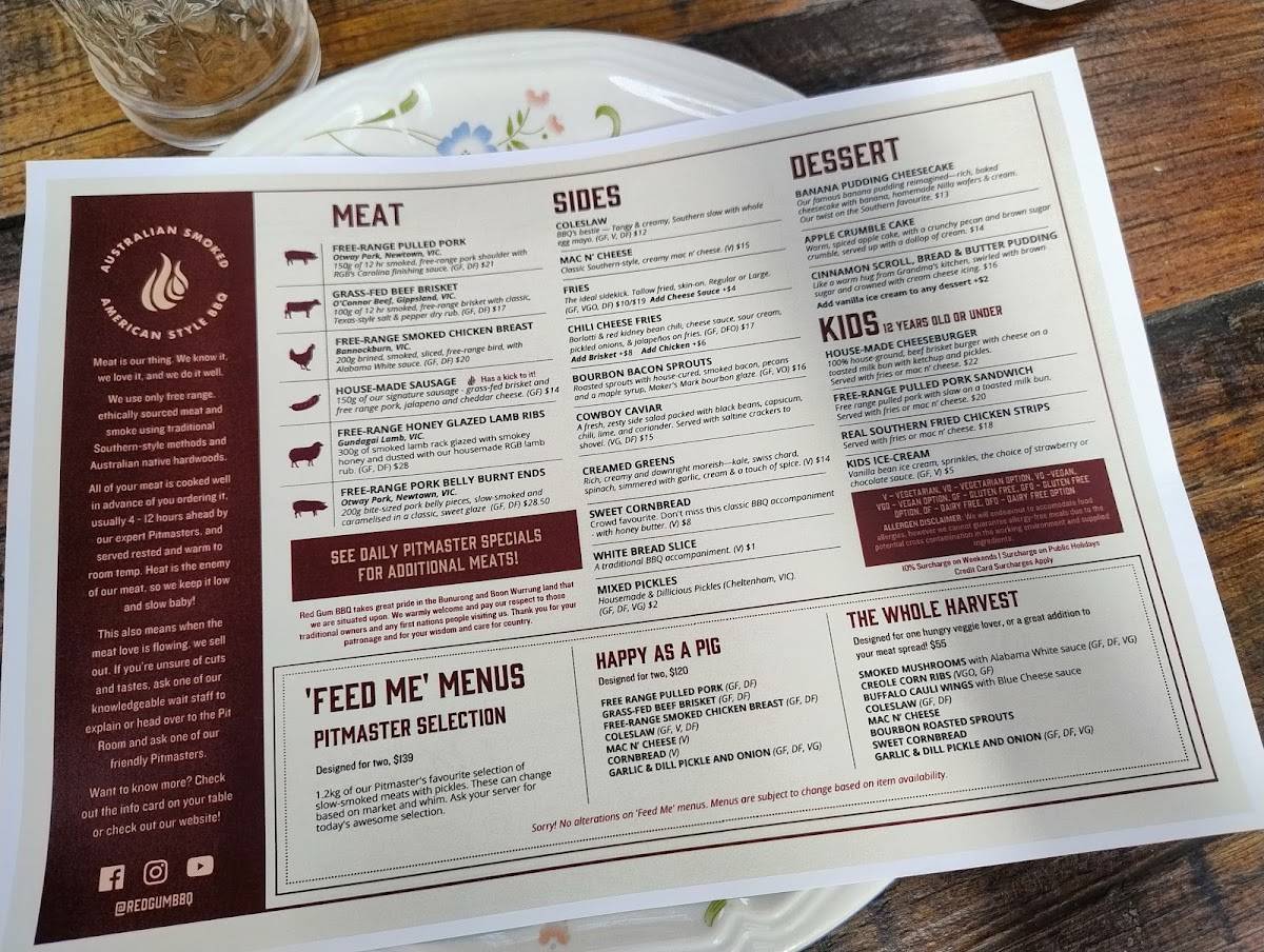 Menu at Red Gum BBQ, Red Hill