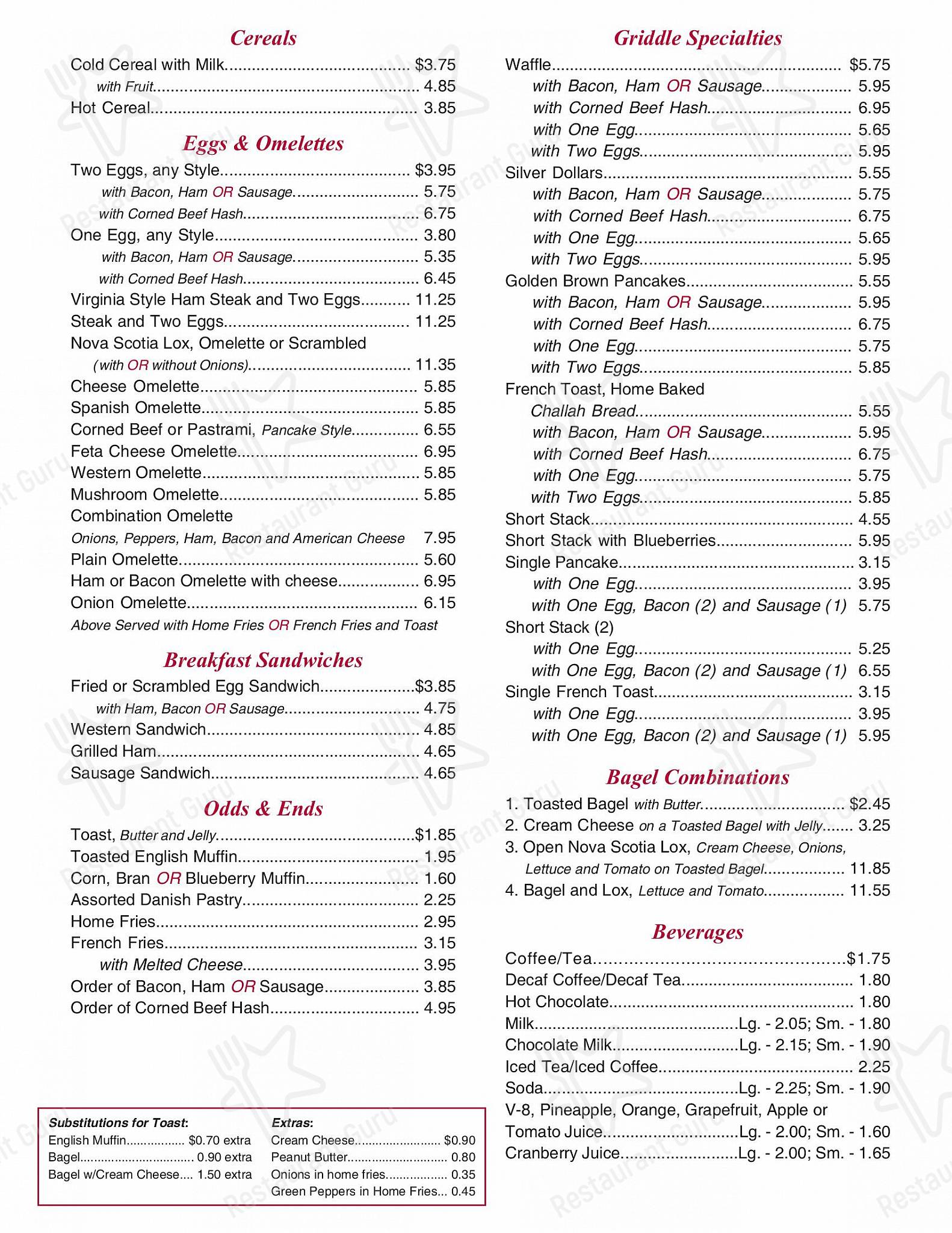 Menu at Red Oak restaurant, Binghamton