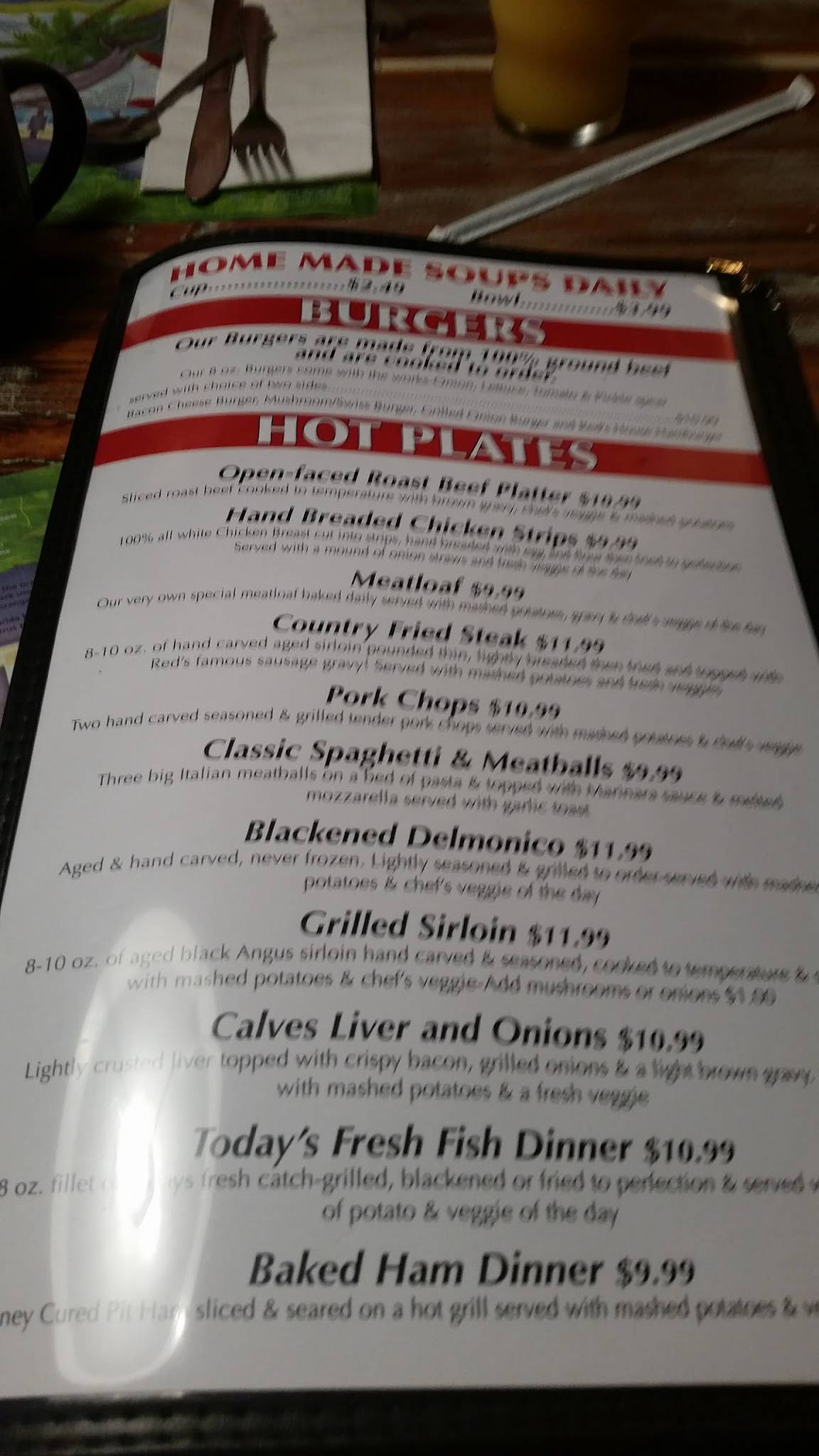 Menu at Red's Restaurant, Hernando