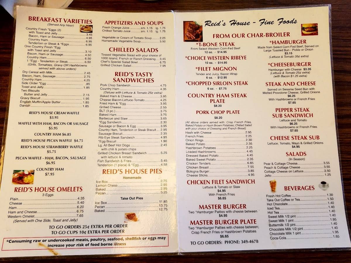 Menu at Reid's House Restaurant, Reidsville