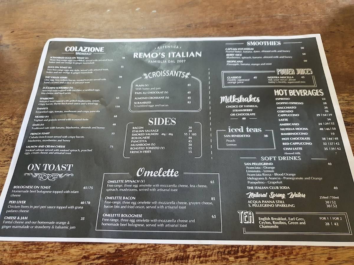 Menu at Remo's Italian restaurant, Port Elizabeth