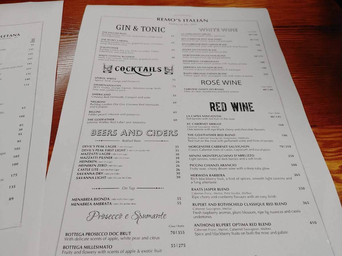 Menu at Remo's Italian restaurant, Port Elizabeth