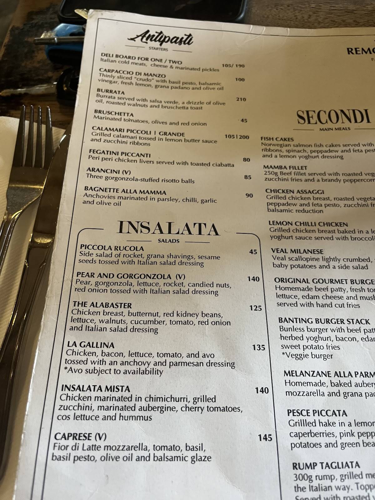 Menu at Remo's Italian restaurant, Port Elizabeth