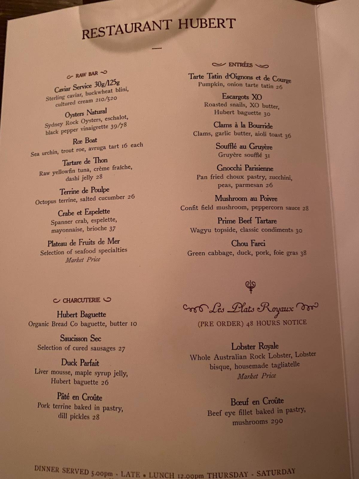 Menu at Restaurant Hubert, Sydney