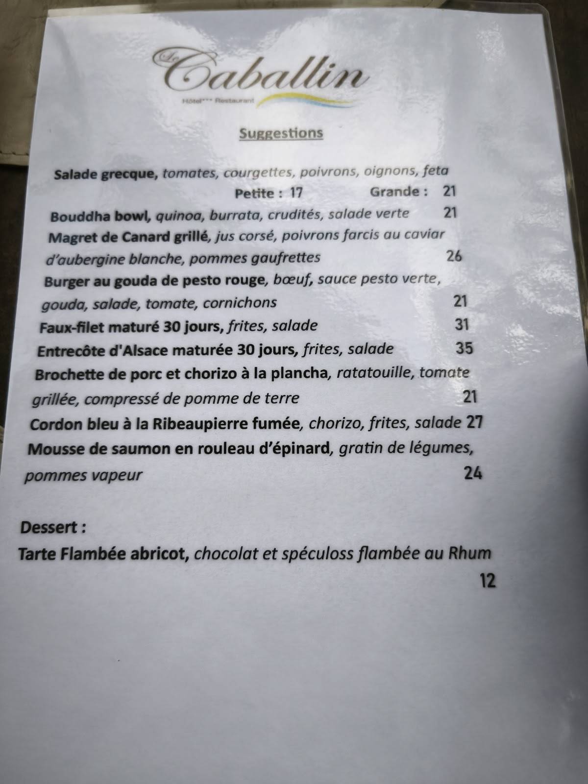 Menu au Restaurant Le Caballin (Le Ranch), Vogelgrun