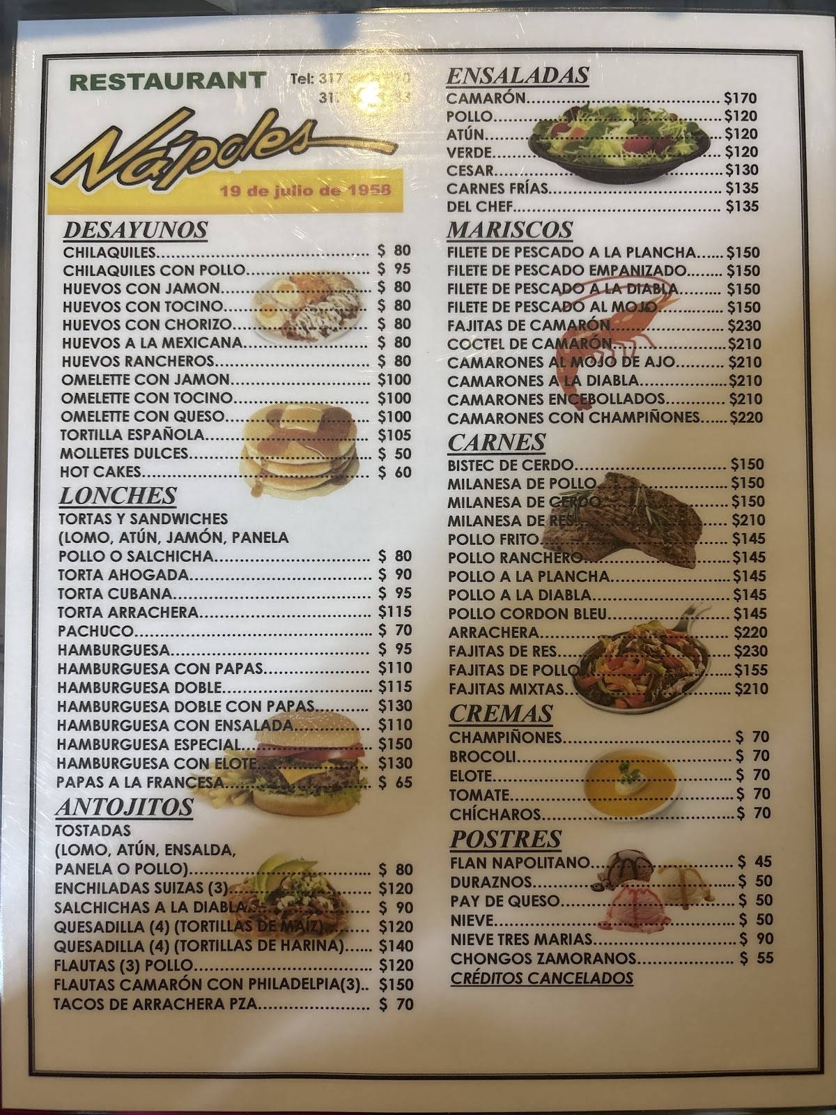 Carta de Restaurant Napoles, Autlan de Navarro