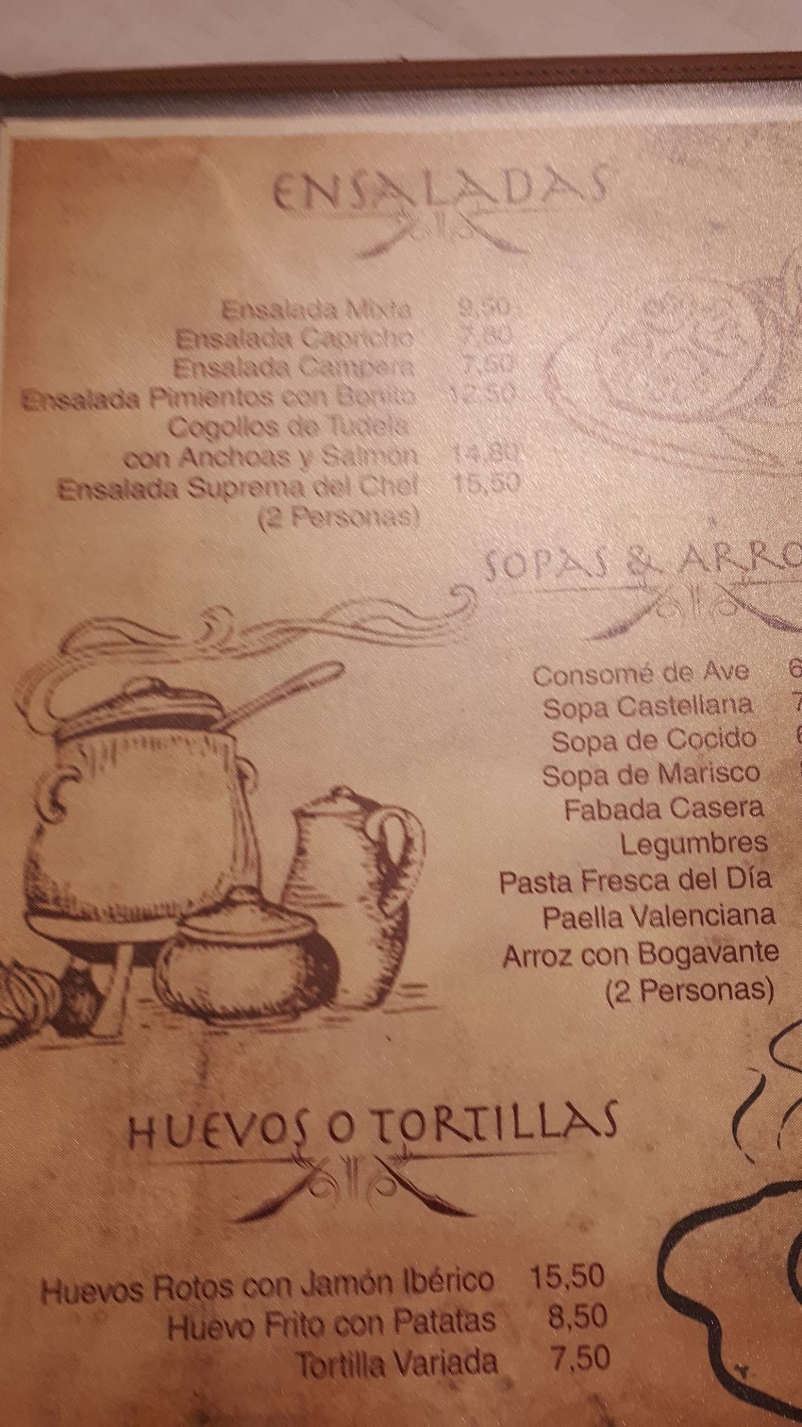 Carta del restaurante El Roble, Madrid, C. del Fray Luis del León