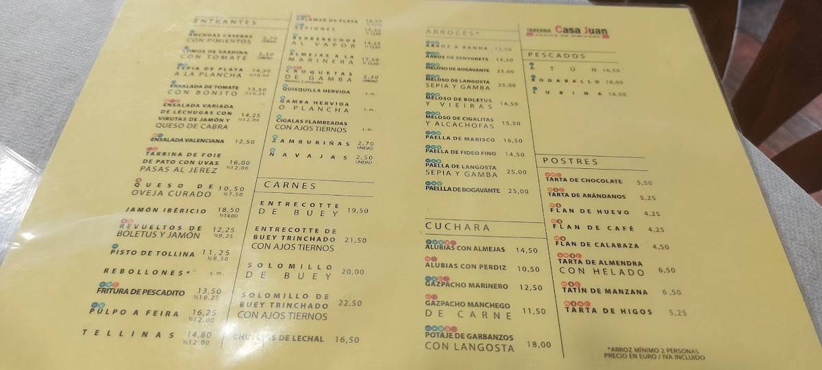 Carta de Restaurante Taberna Casa Juan, Valencia
