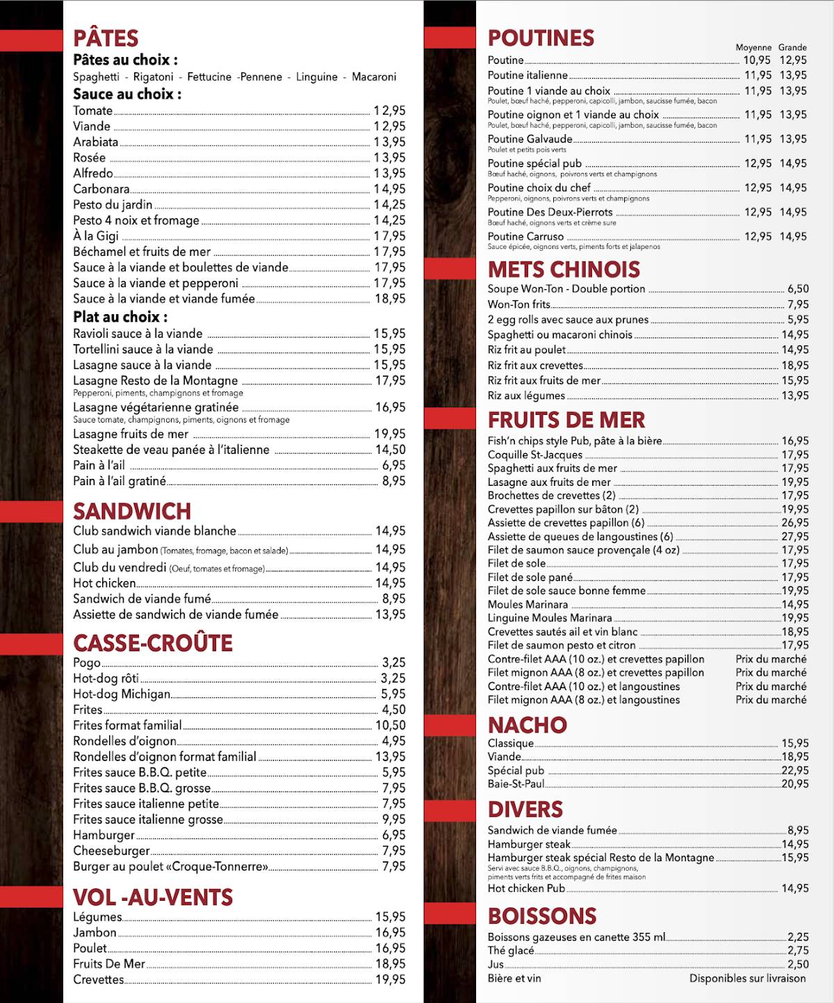 Menu au Resto-Pub de la Montagne - Pizza Express, Saint-Joseph-du-Lac