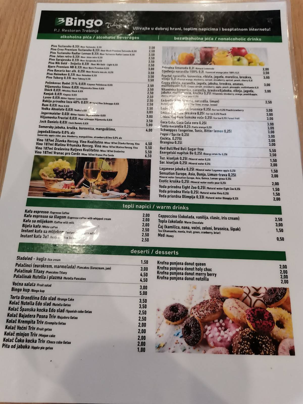Menu at Restoran Bingo restaurant, Trebinje