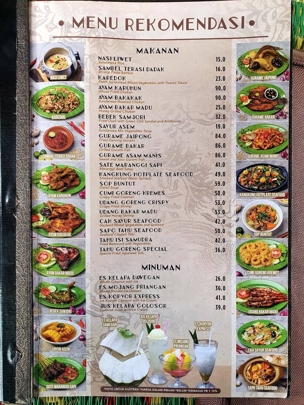 Menu at Restoran Sunda Alam Sari Deltamas restaurant, Bekasi Regency