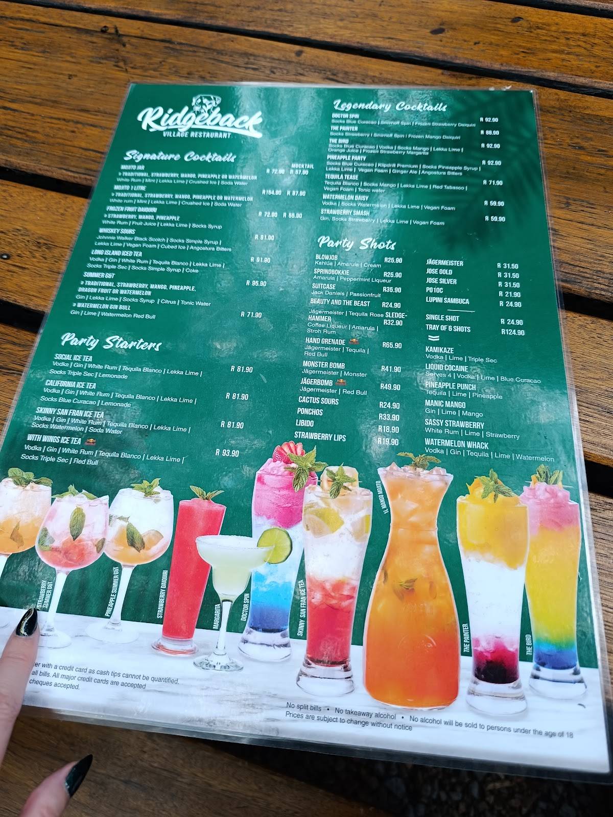 Menu at Ridgeback Village Restaurant, Pretoria, 129 South St