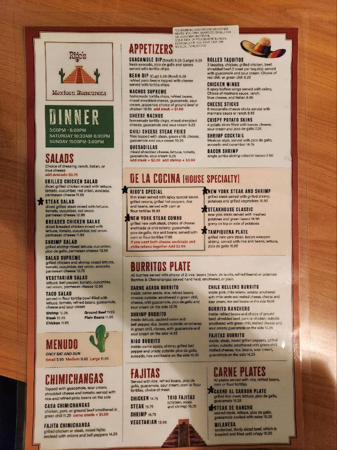Menu at Rigo's Mexican Restaurant, Greeley