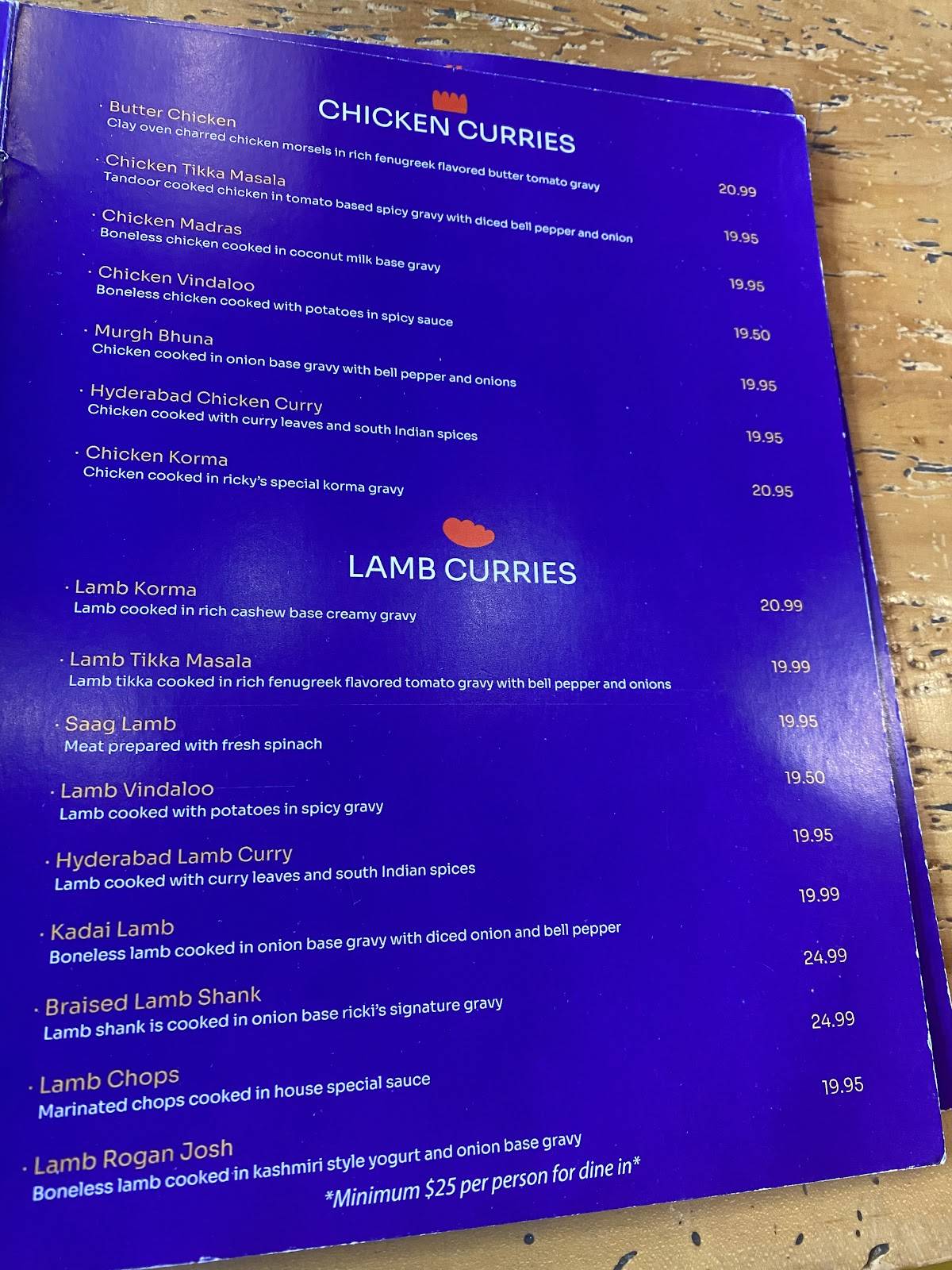 Menu at Rikki Tikki restaurant, Toronto