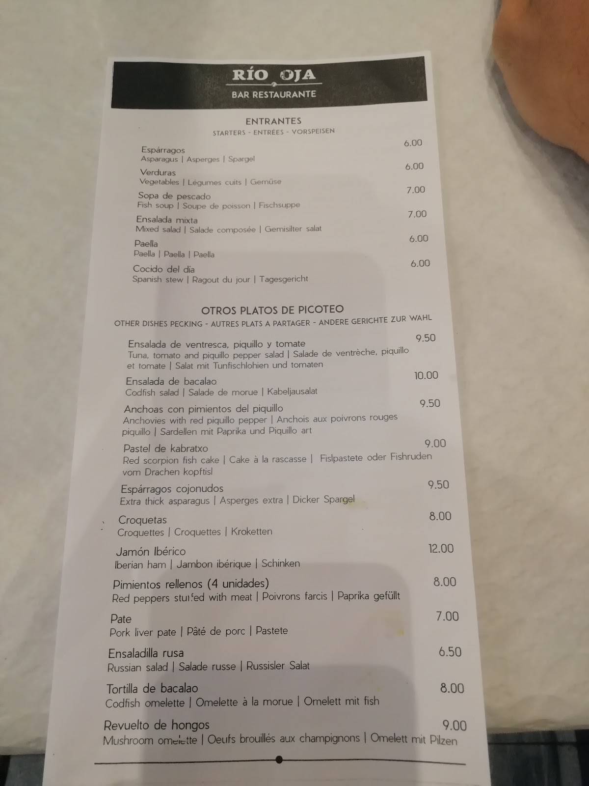 Menu at Rio-Oja Restaurant, Bilbao