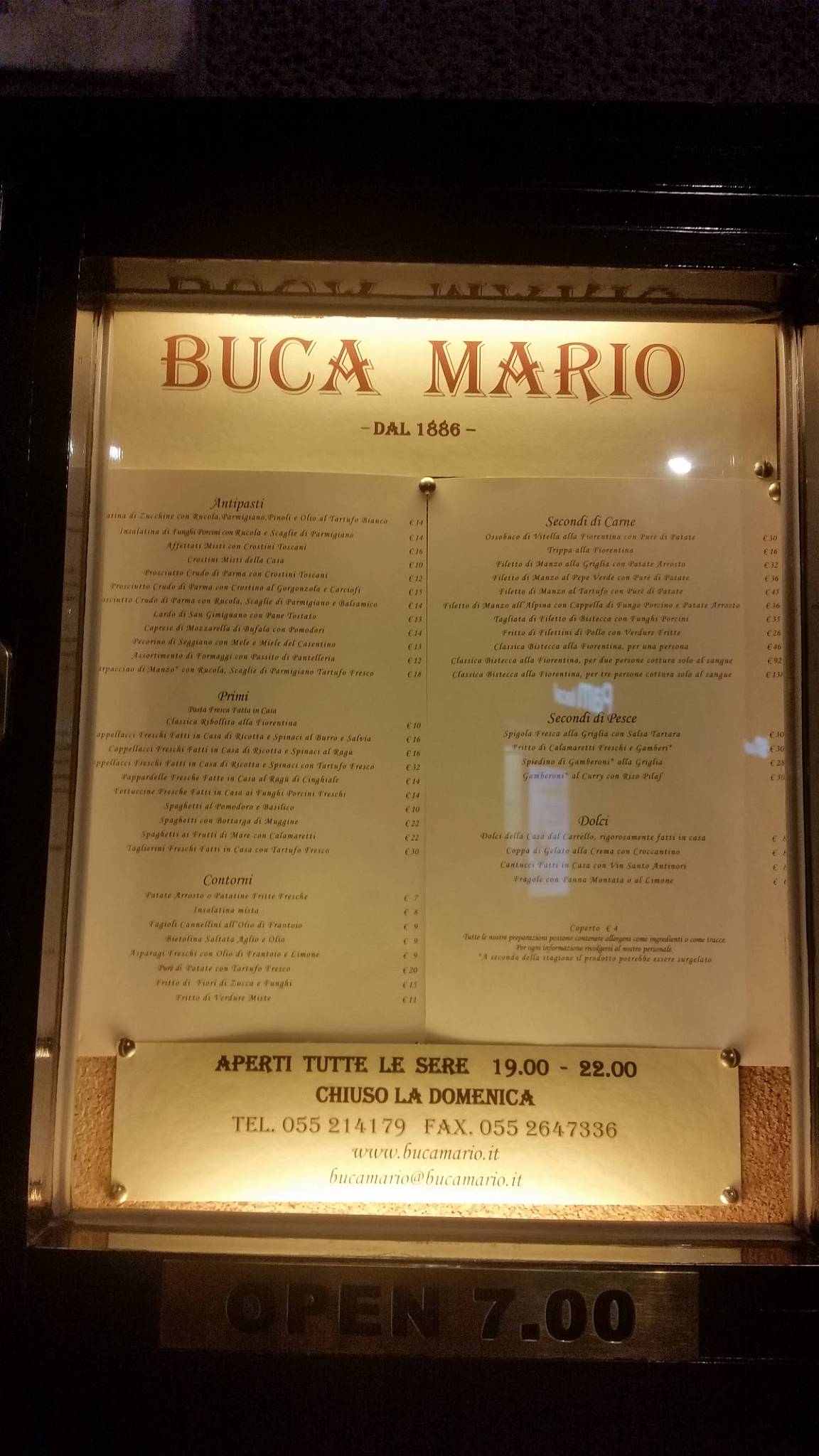 Menu at Ristorante Buca Mario, Florence