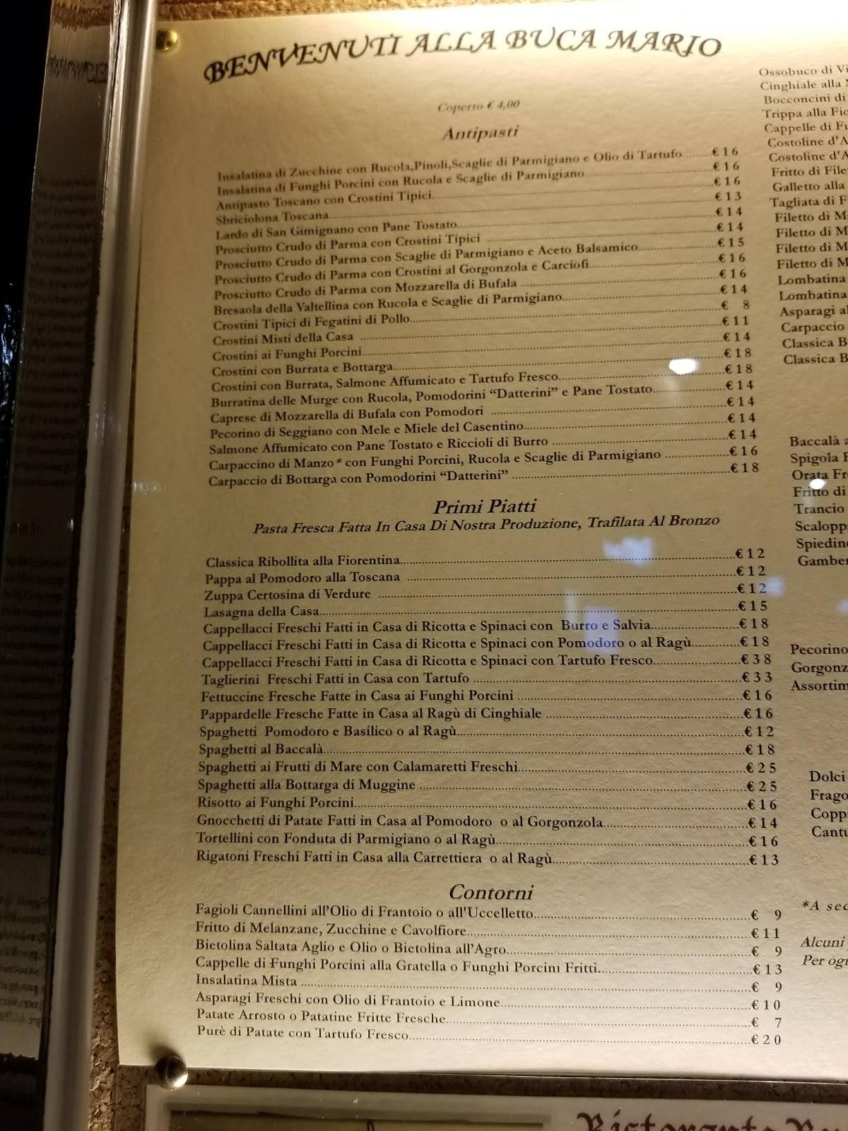 Menu au Ristorante Buca Mario, Florence
