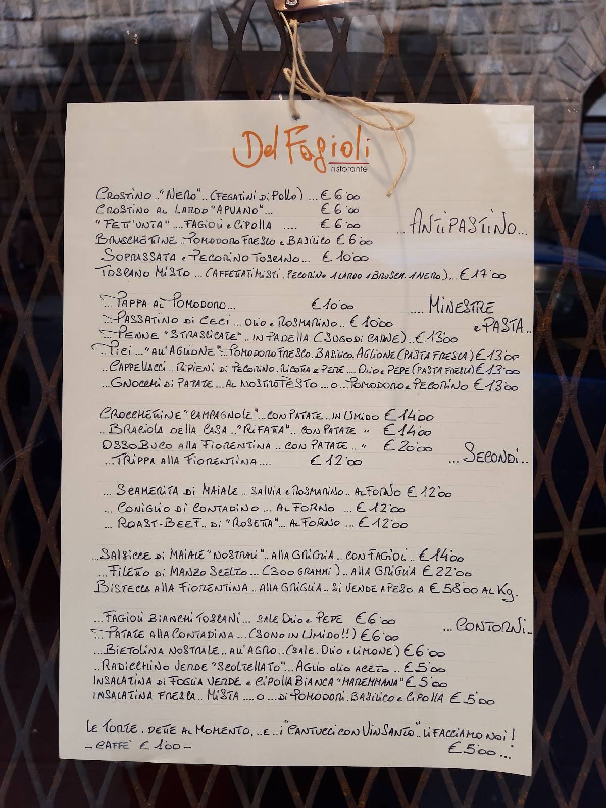Menu at Ristorante del Fagioli, Florence, Corso dei Tintori
