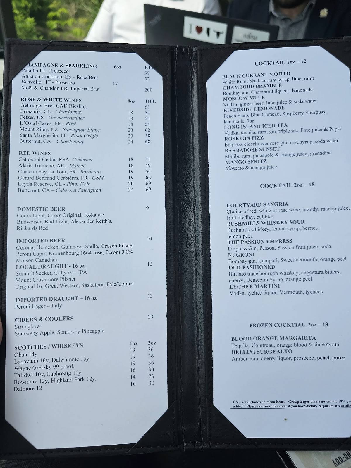 Menu at Riverside Bistro restaurant, Edmonton, 1 Thornton Ct NW