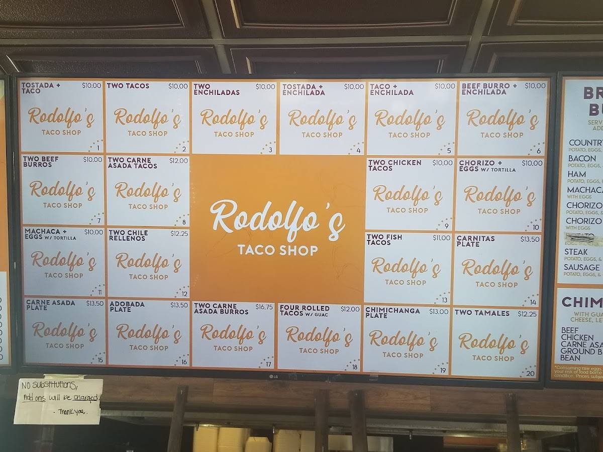 Menu at Rodolfo's Taco Shop restaurant, Sierra Vista