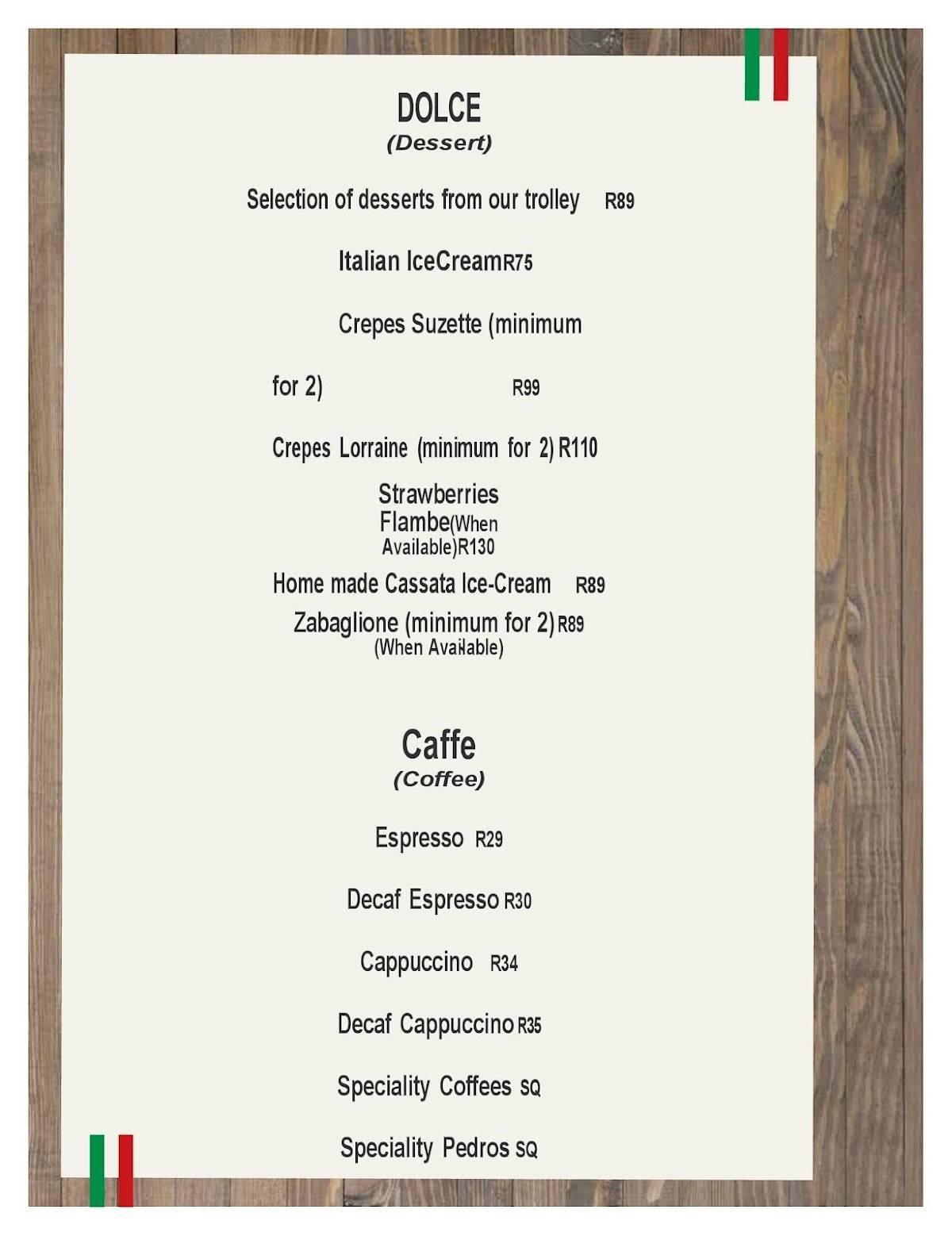 Menu at Roma Revolving Restaurant, Durban, 32 John Ross House