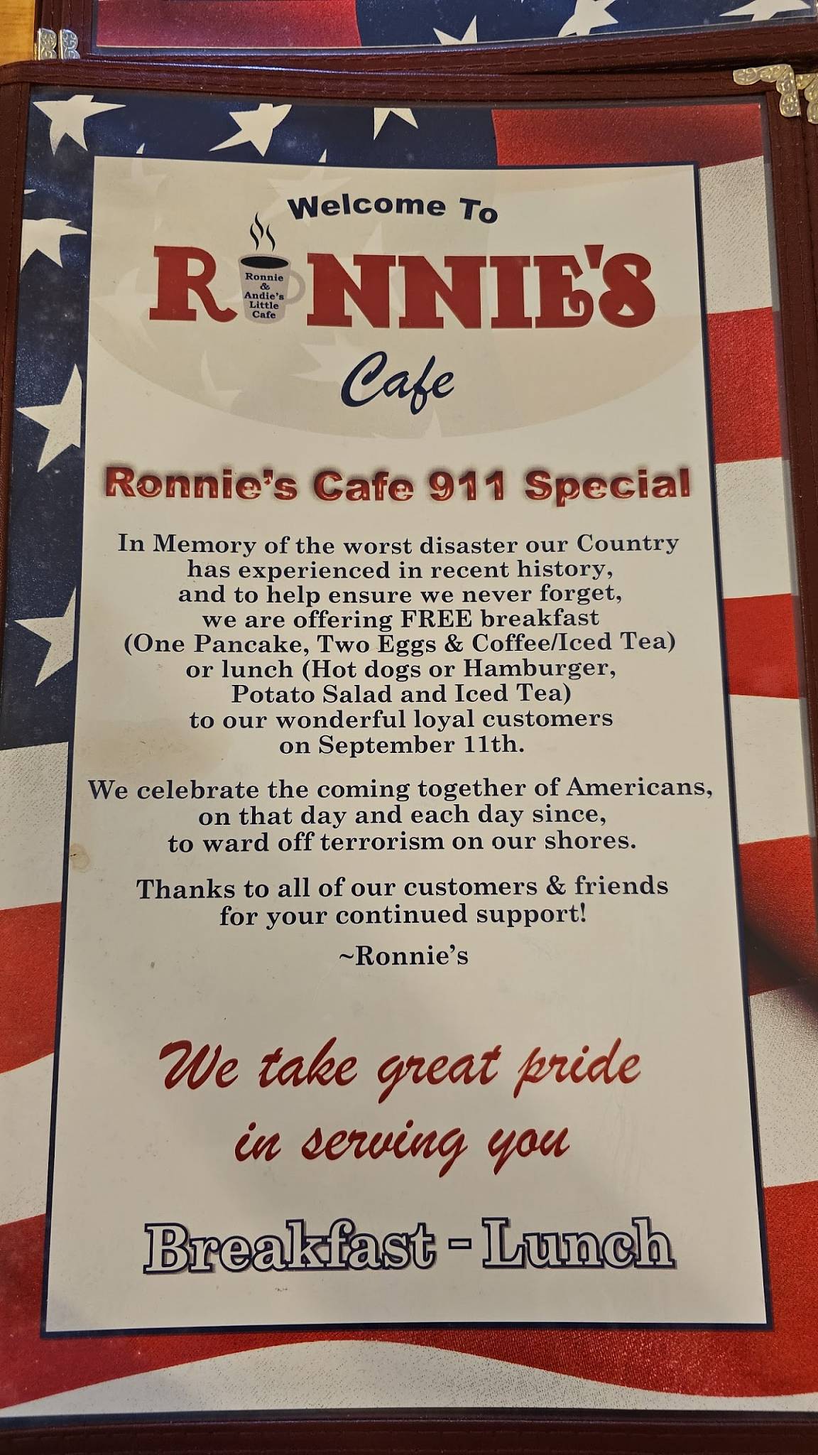 Menu at Ronnie's Cafe, Glendale