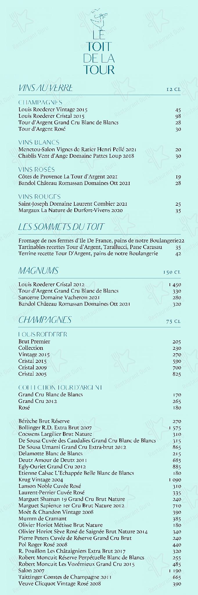 Menu au La Tour d'Argent restaurant, Paris, 15 Quai de la Tournelle