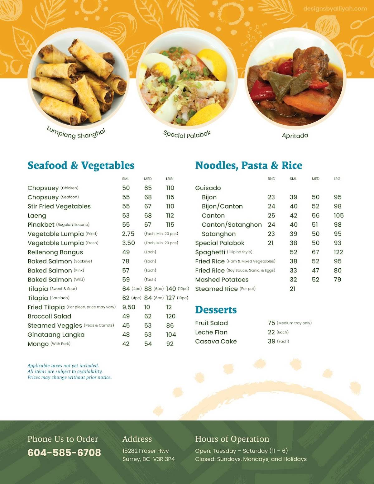 Menu at Ruben's Restaurant, Surrey