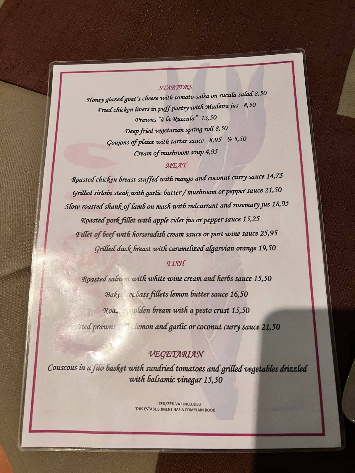 Menu at Ruccula restaurant, Alvor