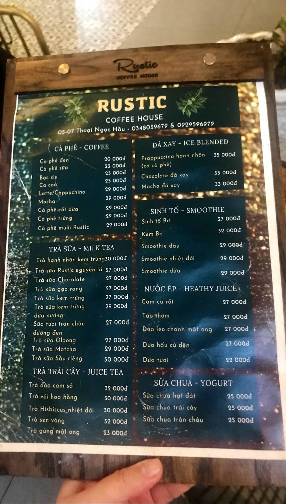 Menu at Rustic coffee house, Ninh Hòa