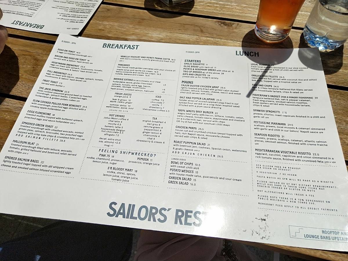 Menu at Sailors' Rest restaurant, Geelong