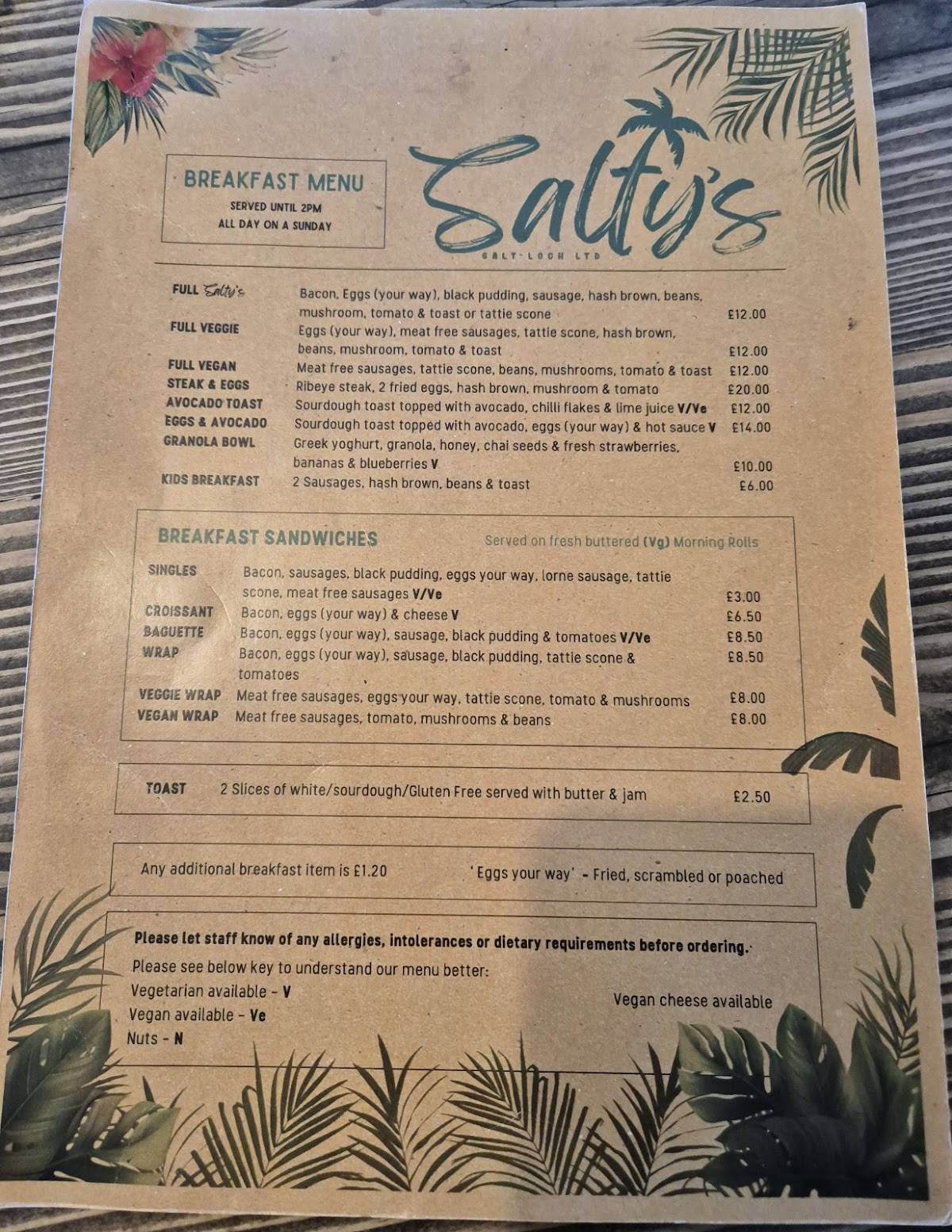Menu at Salty's restaurant, Montrose