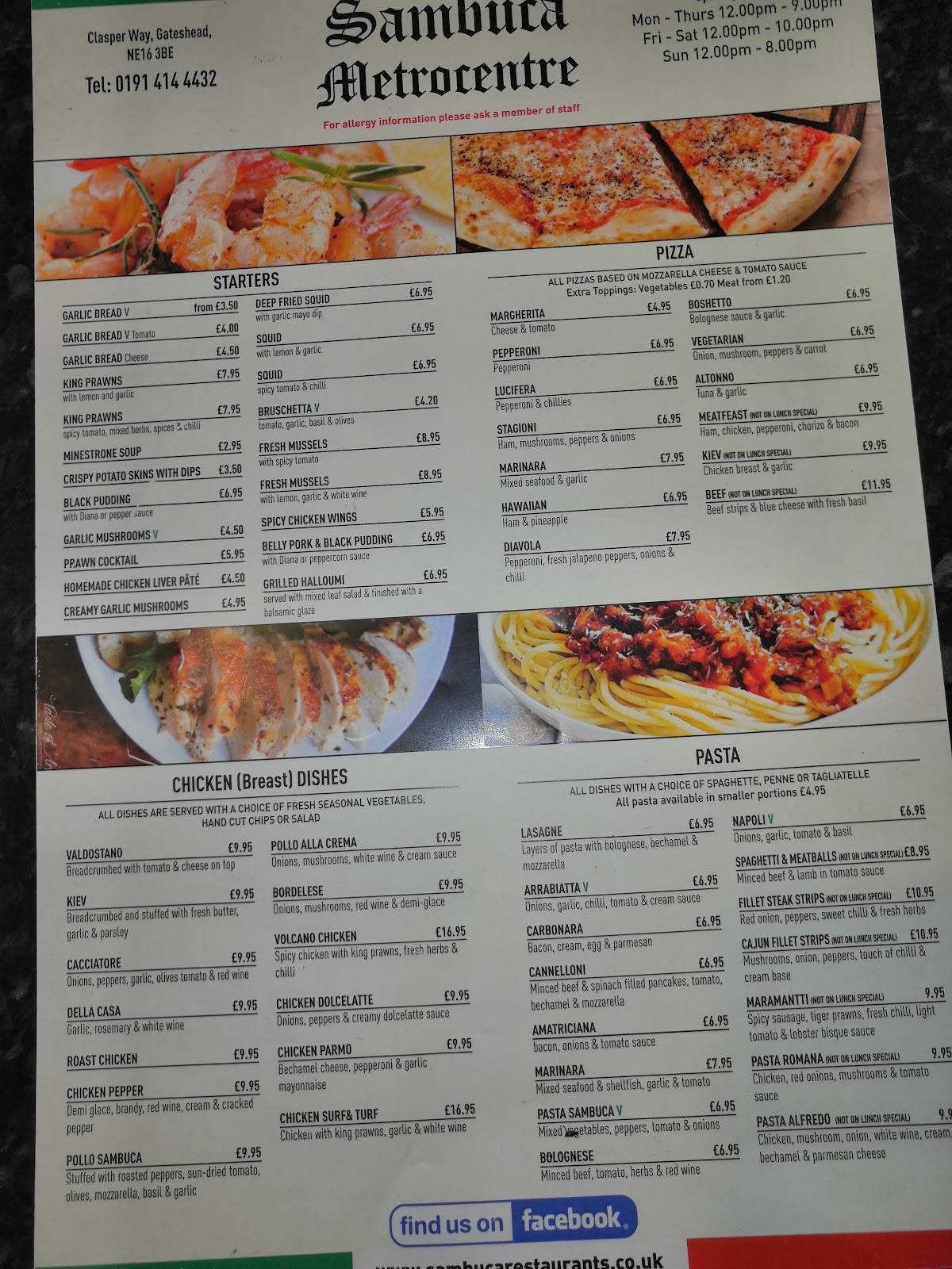 Menu at Sambuca Metrocentre restaurant, Newcastle upon Tyne, A695