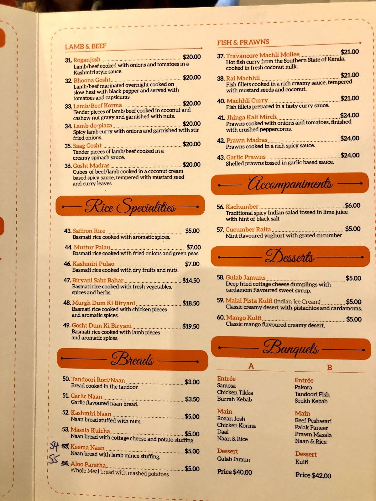 Menu at Sanjeev' Cafe Spice, Greensborough