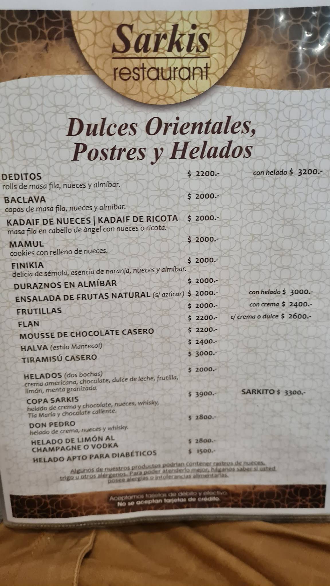 Carta del restaurante Sarkis, Buenos Aires